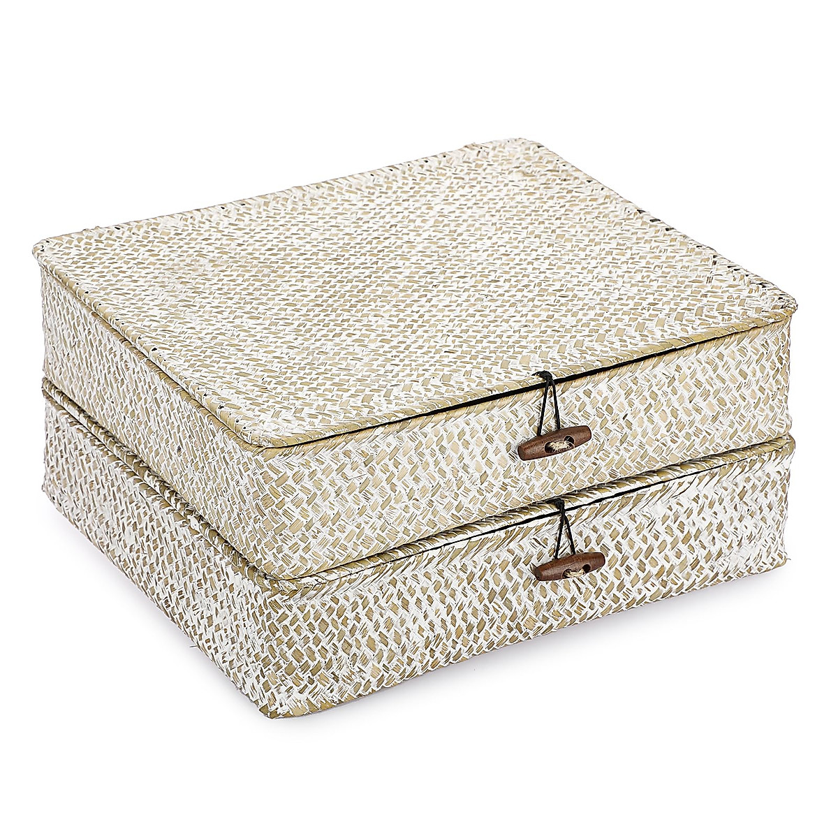 BTSKY 2 Pack Wicker Baskets With Lids Flat Woven Storage Bins for Shelf Organizing Natural Seagrass Storage Baskets with Lids Home Utility Organizer Box for Home & Office Supplies, Whitewash (Large)