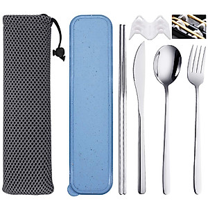 SITAKE 6 Pcs Portable Stainless Steel Flatware Set, Travel Reusable Utensils Set Cutlery Set Including Knife Fork Spoon Chopsticks Carry Case for School, Office, Camping, Picnic(Sliver)