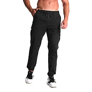 Kroivil Men's Casual Pants Drawstring Sweat Jogging Cargo with Pockets Joggers Long Sports Active for Men Gym Training Pants Black