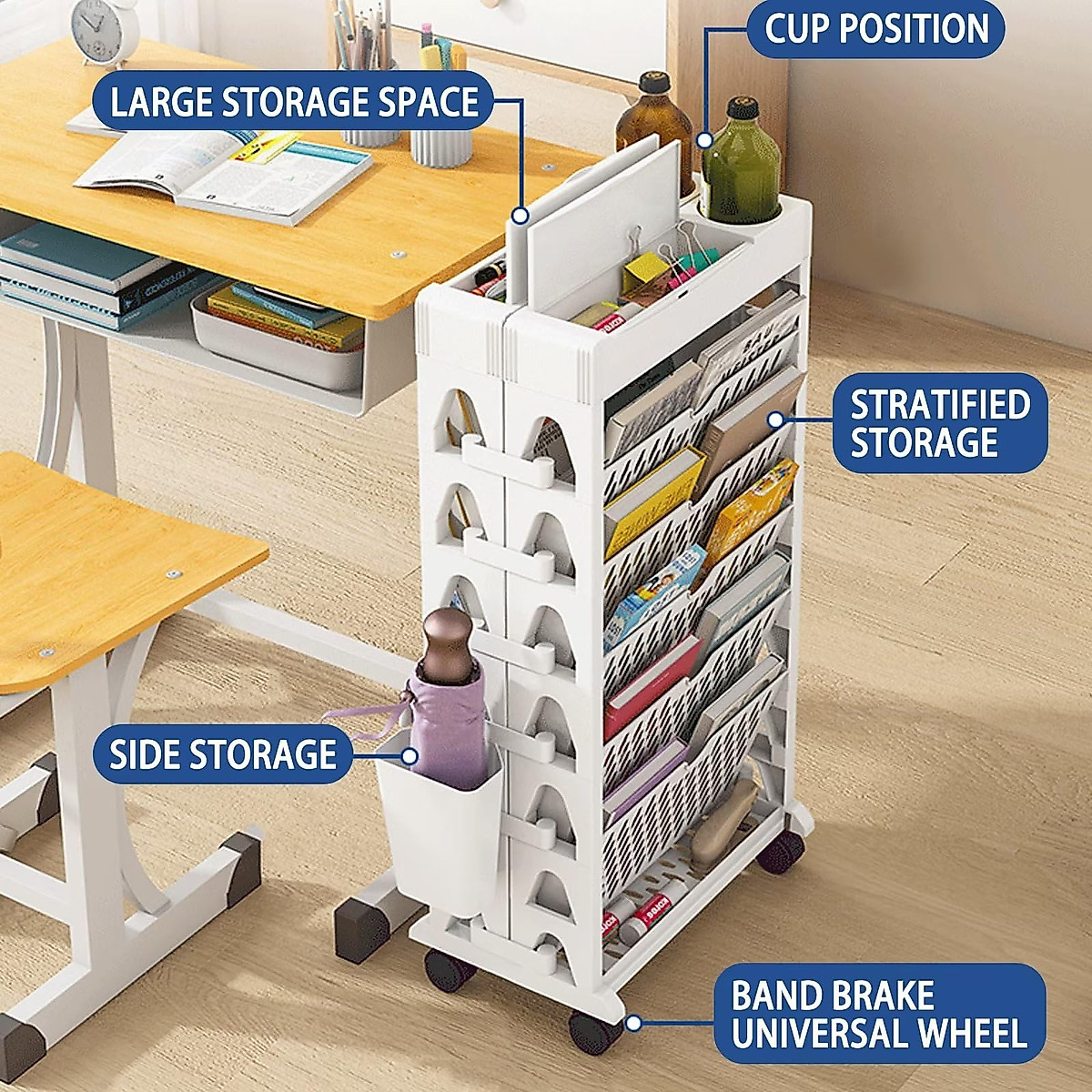 YAYLAIP Rolling Bookshelf Cart,6-Tier Large Capacity,on Wheels Moveable Office Desk File Bookshelf Organizer,with Wheel Multilayer Rotatable,Mobile Portable Removable Plastic Practical Rolling（Green