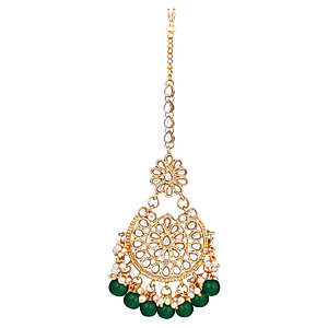 Aheli Elegant Indian Wedding Wear Faux Kundan Studded Choker Necklace with Maang Tikka Set Ethnic Fashion Jewelry for Women (Green Kundan & Pearl Drop)