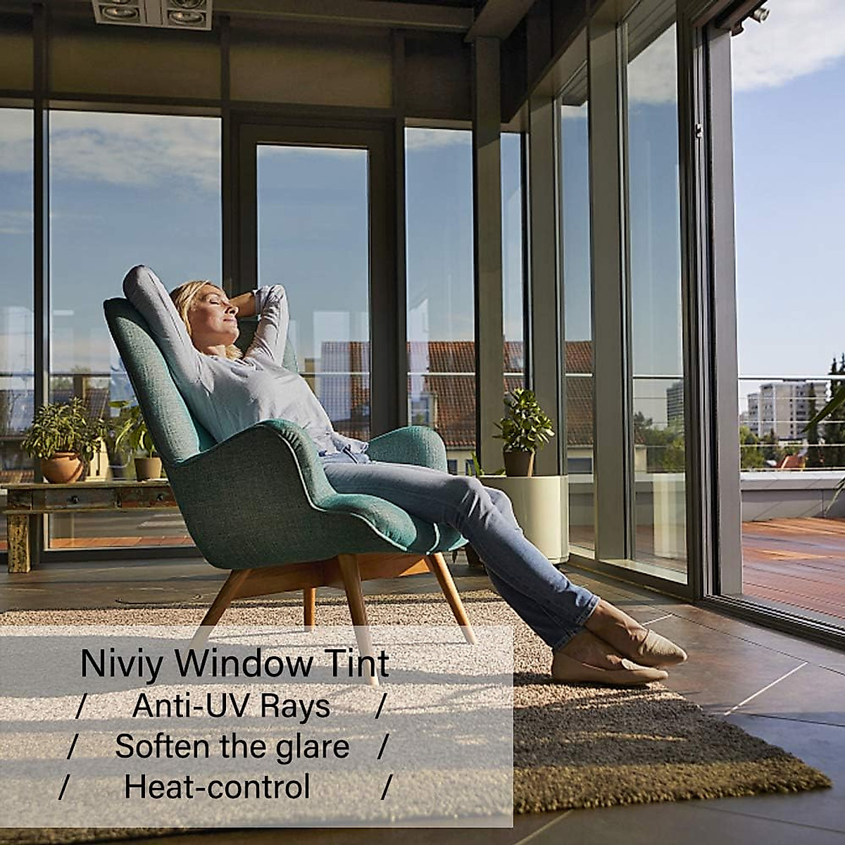 Niviy One Way Window Film Privacy Mirror Effect Self-Adhesive Window Tint UV Heat Control Glass Door Film for Home and Office, Black-Silver 17.7 x 118 inches