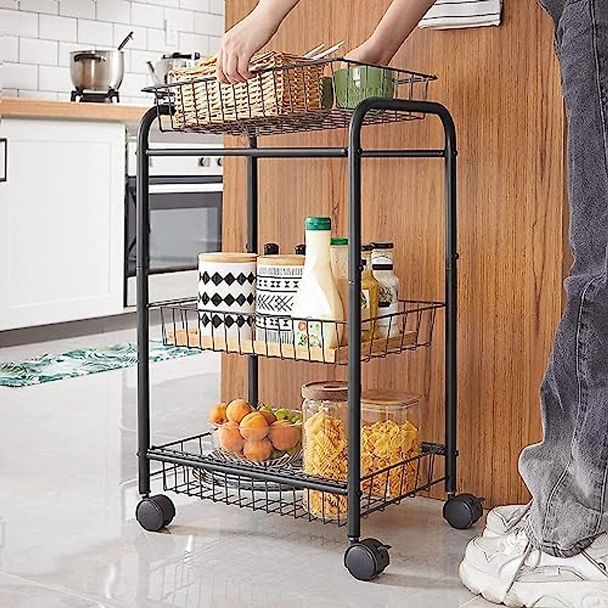 SONGMICS 3-Tier Metal Rolling Cart, Storage Cart with Removable Baskets, Utility Cart with Wheels and Handle, for Kitchen, Bathroom, Laundry Room, Black, UBSC03BK
