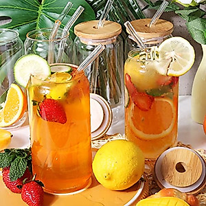 Beer Can Glass with Bamboo Lids and Straw 16 oz Drinking Glasses Can Tumbler Clear Glass Cups Reusable Beer Can Shaped High Borosilicate Glass Great for Smoothies, Tea, Cola, Juice,Soda (4pack)