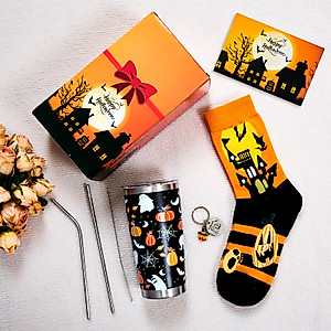 PUPPY GO Halloween Gifts Set, 5PCS Halloween Tumbler Set Includes 20oz Tumbler with Lids and Straw Socks Keychain Thanks Card, Cute Pumpkin Gift for Women