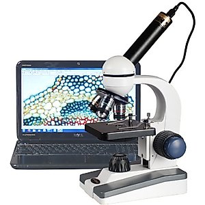 AmScope M150C-E Digital Compound Monocular Microscope, WF10x and WF25x Eyepieces, 40x-1000x Magnification, LED Illumination, Brightfield, Single-Lens Condenser, Coaxial Coarse and Fine Focus, Plain Stage, 110V, Includes 0.3MP Camera and Software