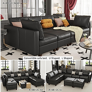 EASE MOOSE Modular Sectional Sofa Sleeper Couch with Storage, 8 Seat Faux Leather sectional Modular Sofa Large Moduar Sleeper Sofa Black Sectional Sofa Bed Modular Couch for Living Room