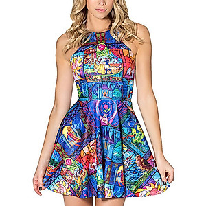 QZUnique Women's Cartoon Printed Stretchy Sleeveless Pleated Fit and Flare Skater Dress