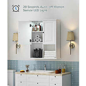 HAIOOU Bathroom Wall Cabinet with Motion Sensor LED Light, Wooden Medicine Cabinet Wall Mounted Cupboard, Over Toilet Storage Cabinet with Buffering Hinges and Adjustable Shelf - Modern White