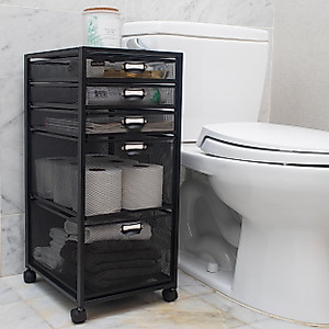 MIND READER Rolling File Cabinet with Drawers [5 Drawers] Craft Cart Organizer with Wheels, Slim Storage for Makeup, Kitchen, Utilities, Office Supplies, and Tools (BLACK MESH)