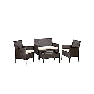 Amazon Basics Outdoor Patio Garden Faux Wicker Rattan Chair Conversation Set with Cushion - 4-Piece Set, Brown