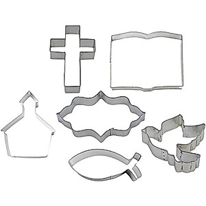 Christian Bible Study Cookie Cutter 6 Piece Set from The Cookie Cutter Shop - Cross, Dove, Church, Plaque, Bible, Christian Fish Cookie Cutters – Tin Plated Steel Cookie Cutters