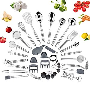 Everbirght 35 Pcs Kitchen Utensils Set, Stainless Steel Cooking Utensils Set with Tongs, Spatula, Spoon Brush Non-Stick & Heat Resistant, Dishwasher Safe, Easy to Clean