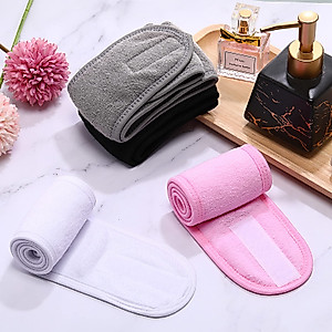 24 Pcs Spa Headband Bulk Makeup Facial Headband for Washing Face, Terry Cloth Headband Head Wraps for Facials, Adjustable Stretch Towel with Hook and Loop Non Slip, White, Pink, Grey, Black