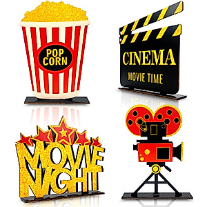 4 Pieces Movie Night Decorations Movie Theater Table Wooden Centerpieces Sign Hollywood Theme Party Decorations for Cinema Movie Time Birthday Party Favors Supplies