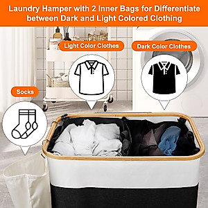 Laundry Hamper with Lid, 150L Large Laundry Basket with Bamboo Handles and Removable Bags, Collapsible Dirty Clothes Hamper, 2 Section Laundry Bin Organizer for Bedroom,Bathroom,Laundry Room, Black