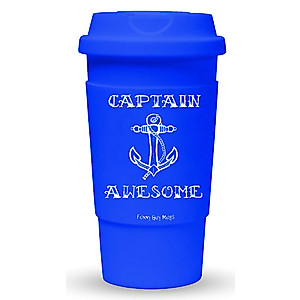 Funny Guy Mugs Captain Awesome Travel Tumbler With Removable Insulated Silicone Sleeve, Blue, 16-Ounce