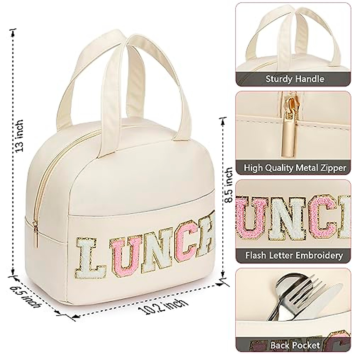 DIRGEE Lunch Bag for Women Insulated Lunch Bag For Men PU leather Small Lunch Bag for Office Work lunch Bag with Chenille Letters Leakproof Freezable Cooler Bag Reusable Portable Lunch Box (White)