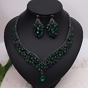 chaoyite Women's Statement Necklace Earrings Link Bracelet Set for Bride Austrian Crystal Wedding Bridal Costume Jewelry Sets (green crystal-black tone)