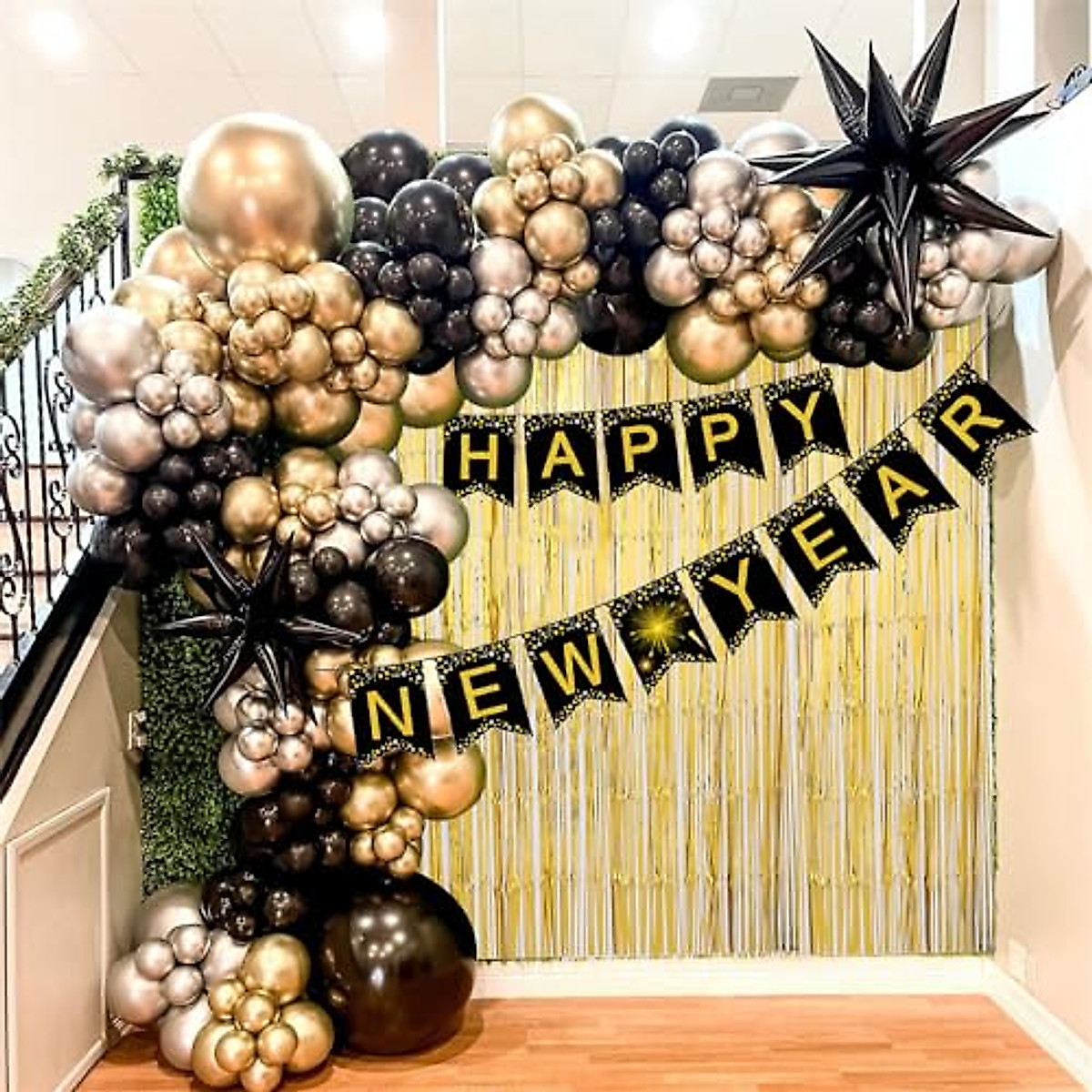 2024 Happy New Year Party Decorations,112PCS Black Gold Silver Balloon Garland Arch Kit,Banner,Foil Fringe Curtains For New Years Eve Birthday Party Supplies