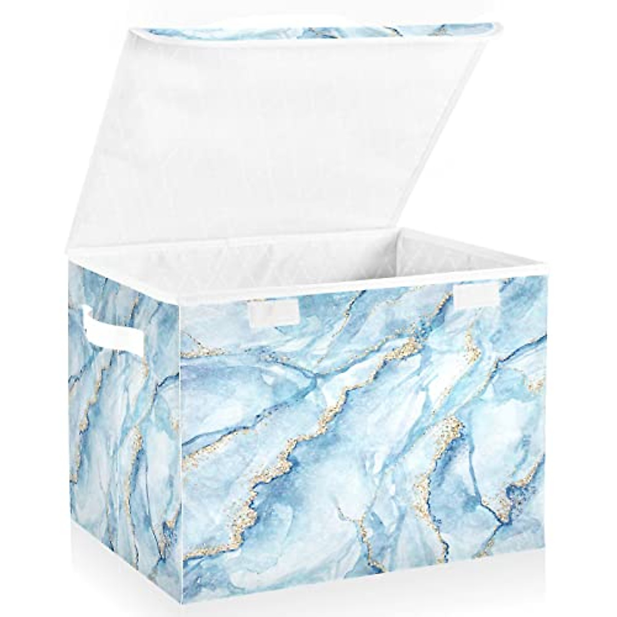 xigua White Blue Marble Storage Bins with Lids Foldable Large Cube Storage Boxes with Handles for Home Bedroom Closet Office (16.5x12.6x11.8 in)#80