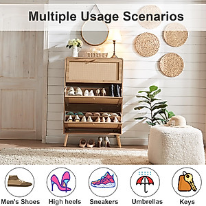 Anewome Rattan Shoe Cabinet with 3 Flip Drawers, 24 Pairs Shoe Storage Cabinet for Entryway Freestanding Hidden Shoe Rack with Drawers Slim Shoe Organizer for Hallway, Living Room, Natural