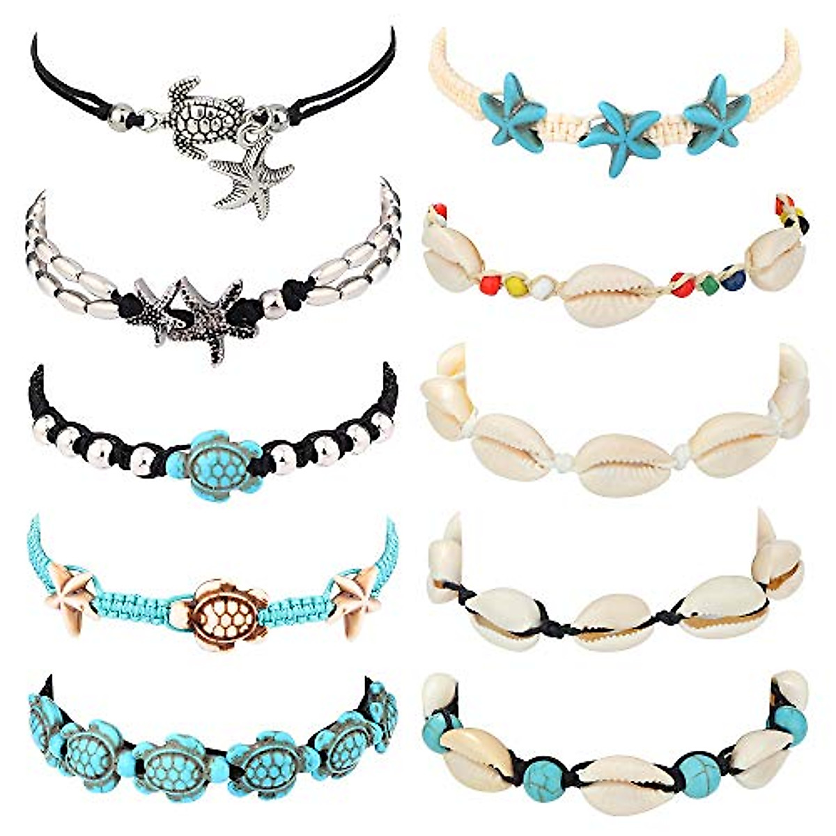 LOYALLOOK 10PCS Shell Turtle Ankle Bracelets Handmade Boho Anklet Jewelry Adjustable Natural Cowrie Shell Beach Bead Anklet for Women
