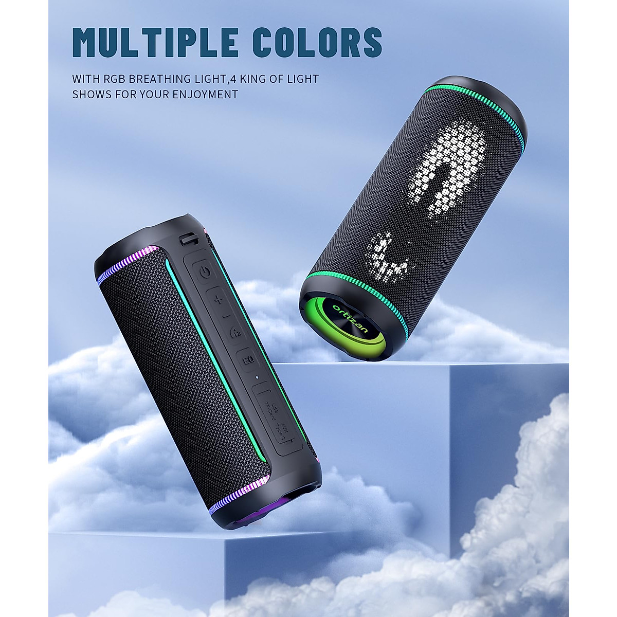 Ortizan Portable Bluetooth Speaker, 40W HD Sound and Deep Bass, IPX7 Waterproof, True Wireless Stereo, Bluetooth 5.3, 30H Playtime, LED Lights, Preset EQ, USB Play, for Home, Outdoor, Party, Black