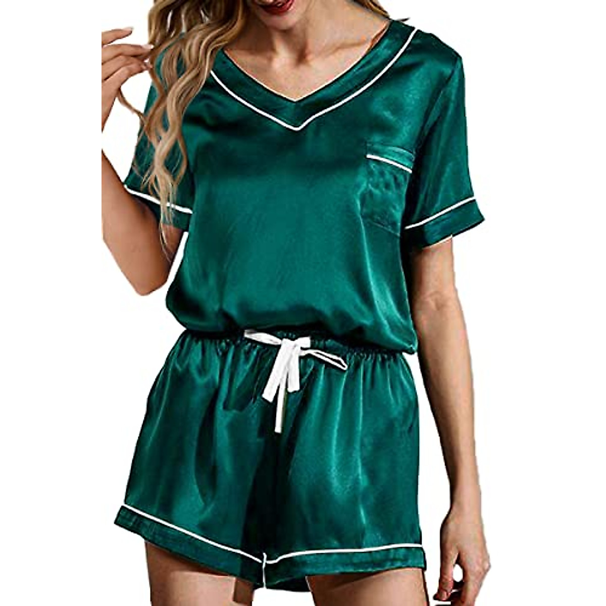 CHYRII Women Silk Pajamas Sets Soft Satin Two Piece Pj Sets Short Sleeve and Shorts Loungwear Sets Sleepwear Green M