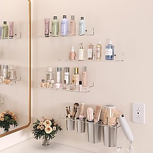 Hongtamoy 4-Tier Acrylic Hair Tool Organizer, 15'' Floating Clear Hair Dryer Holder, Multifunctional Storage, DIY Bathroom Storage Display Shelf Wall Mounted for Makeup/Skincare/Perfume