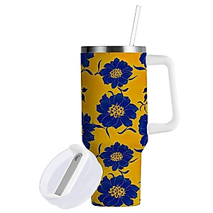 RPLIFE Elegant Dark Blue Flowers Yellow 40 Oz Tumbler with Handle and Straw, Stainless Steel Cups with Lid, Coffee Tumbler for Women