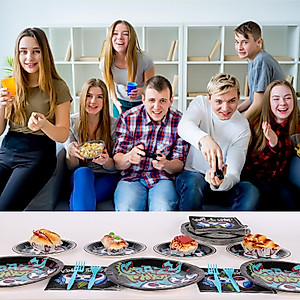 96 Pcs Video Game Party Supplies Paper Plates Napkins Gaming Party Birthday Decorations Favors for Kids Gaming Serves 24