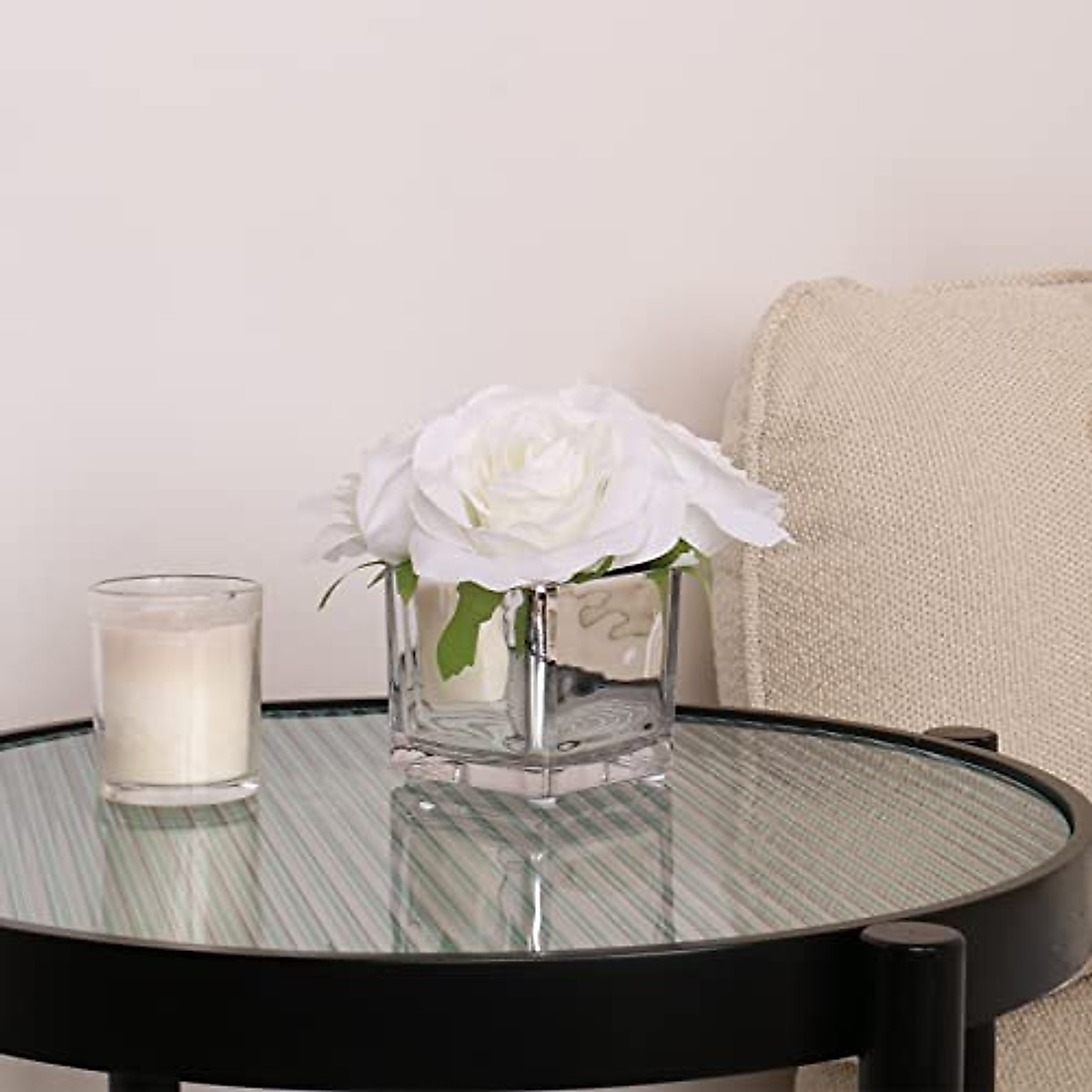 Nisoger Artificial Flowers in Vase, White Silk Rose Faux Flowers in Vase, Fake Flowers with Vase Bouquets Arrangements Home Decoration for Dinning Table Centerpieces Bedroom Bathroom Kitchen, White