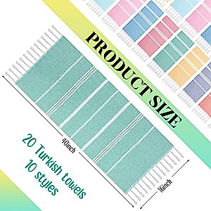 Preboun 20 Pack Turkish Beach Towels, Cotton Turkish Bath Towels Beach Towels Lightweight Quick Dry Turkish Hand Towels Multi Color Turkish Towel for Face, Hair, Gym, Yoga, Tea, Kitchen 16 x 40 Inch