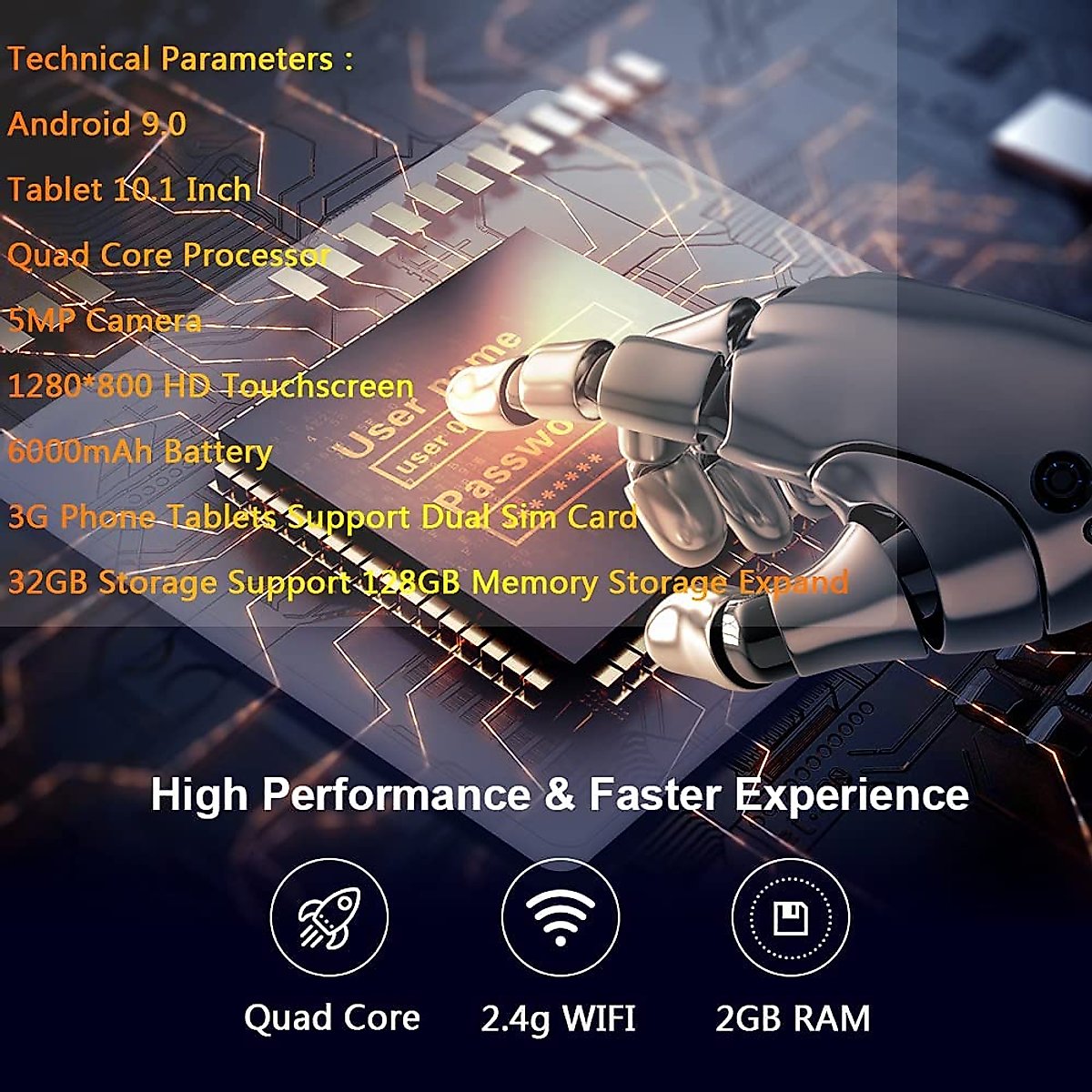 Tablet 10 Inch, Dual SIM Solt Android 9.0 Quad Core Processor Tablets, 32GB ROM 6000mAh Battery HD Tablet, Support 128GB Memory Storage Expand, WiFi, Bluetooth, GPS