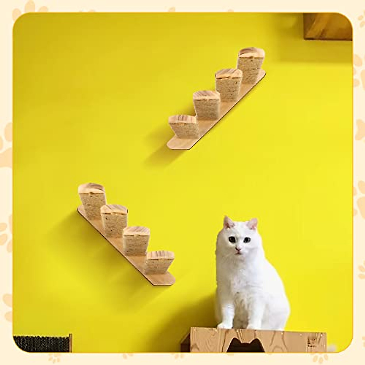 2 Pack Cat Climbing Shelf Wall Mounted Wood Cat Stair Cat Climbing Ladder 4 Step Cat Stairway with Jute Scratching Reversible Cat Wall Furniture for Cats Perch Platform Play Jump Climber Supplies