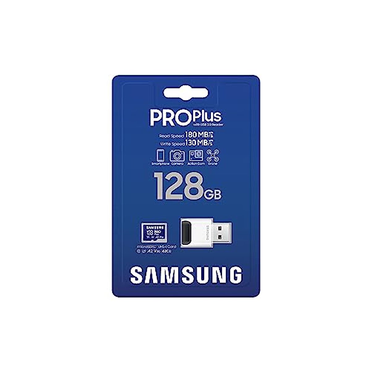 SAMSUNG PRO Plus microSD Memory Card + Reader, 128GB MicroSDXC, Up to 180 MB/s, Full HD & 4K UHD, UHS-I, C10, U3, V30, A2 for Android Phones, Tablets, GoPRO, DJI Drone, MB-MD128SB/AM, 2023