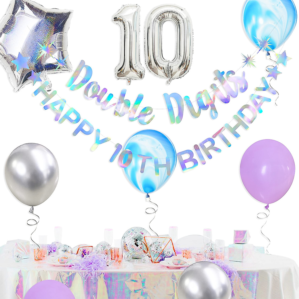 Iridescent Double Digits Happy 10th Birthday Banner Garland Foil Balloon 10 for Girls Boys 10th Birthday Decorations Hanging 10 and Fabulous Cheers to 10 Years Old Ten Birthday Party Supplies Backdrop
