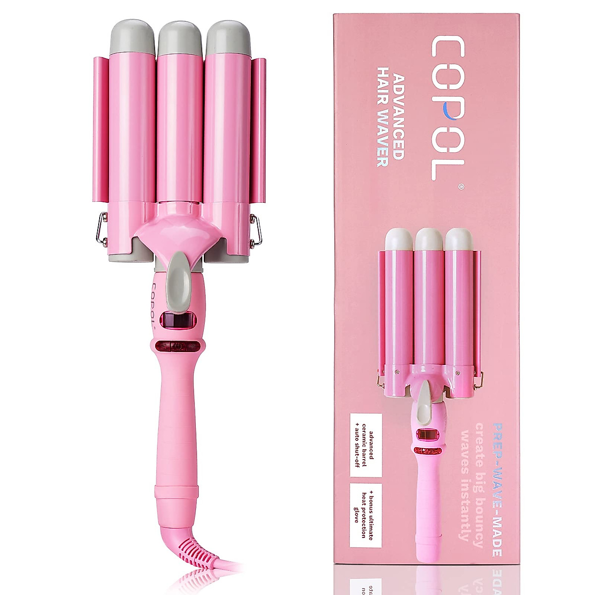 COPOL 3 Barrel Hair Curlers, 32mm Beach Waves Curling Iron Curling Wand for Long Hair with Temperature LED Indicator/Adjustable Bracket/Heat Proof Glove. 80-210℃Heat Up Quickly Curling Iron