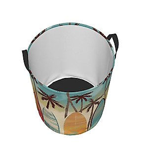 Surfboard Palm Tree Print Laundry Basket Waterproof Laundry Hamper With Handles Large Dirty Clothes Hamper For Dorm Family Travel Medium