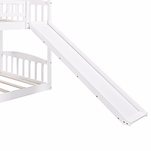 Twin Over Twin Bunk Bed for Kids Toddlers, House Bunk Bed Farm with Storage Steps and Slide Ladder Roof Guardrail for Girls/Boys, No Spring Box Required (White--Wood)