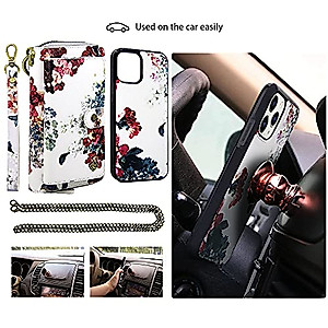 XGrand Crossbody Wallet Case iPhone 13 Pro Max 6.7 inches [3 in 1] Detachable Magnetic Zipper Purse 14 Card Slots Pocket Crossbody Chain Wrist Strap Clutch Leather Wallet Cases - White, White Floral