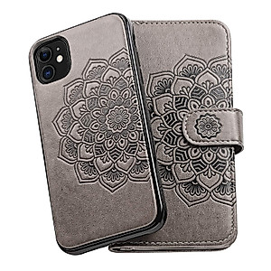 Vofolen 2-in-1 Case for iPhone 11 Case Wallet Credit Card Holder ID Slot Detachable Hybrid Protective Slim Hard Shell Magnetic PU Leather Folio Pocket Flip Cover for iPhone 11 6.1 inch Mandala Grey