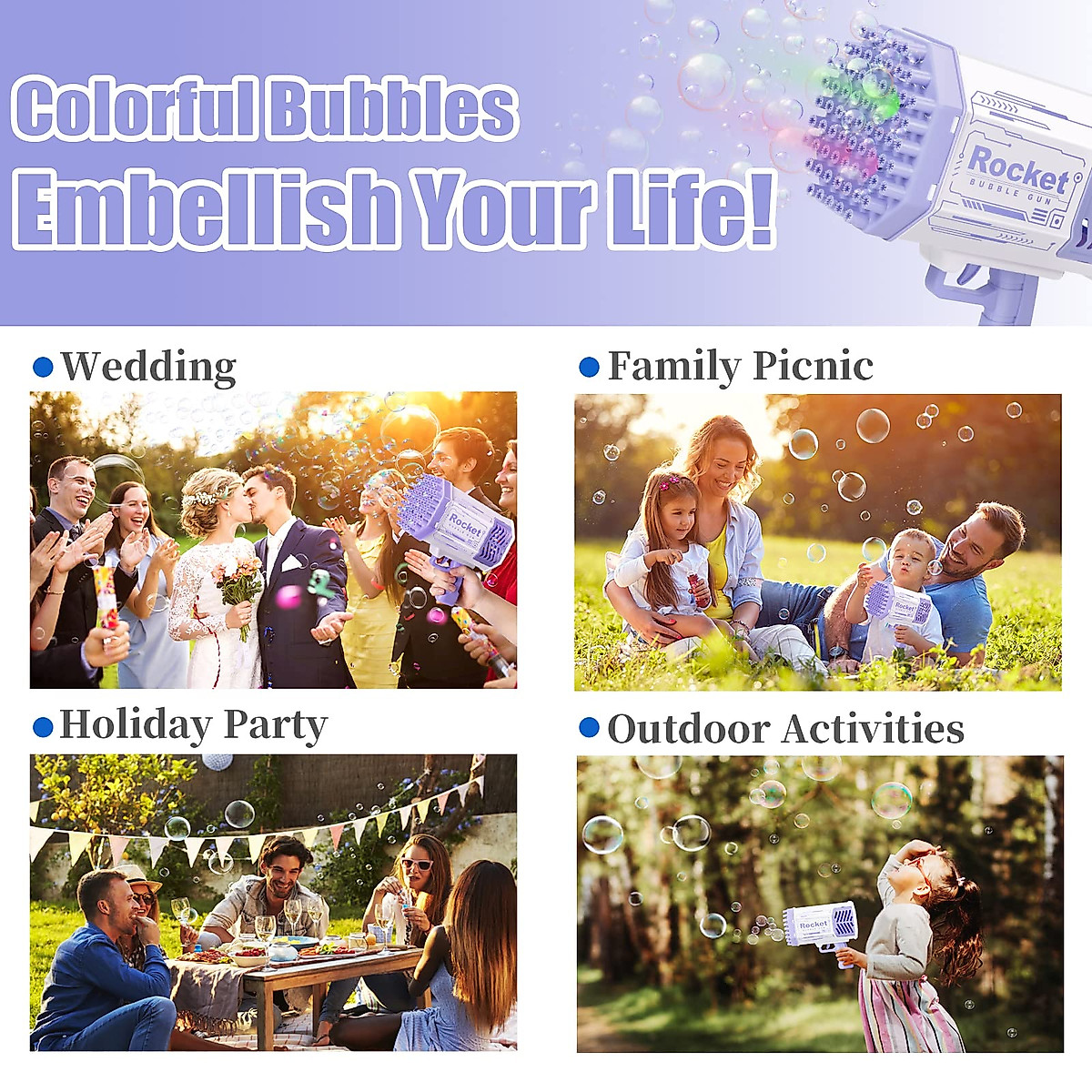 Bubble Gun Rocket 69 Holes Soap Blaster Machine, Bazooka Bubble Launcher Blower Toys for Kids Outdoor Indoor, Bubble Maker for Party Birthday Wedding(Purple)