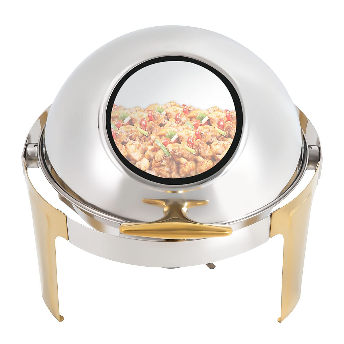 Roll Top Chafing Dish Buffet Set Gold Accent, Buffet Servers and Warmers Set Warming Tray, 6.3 Quart Round Stainless Steel with Glass Window for Wedding/Parties/Banquet & Events