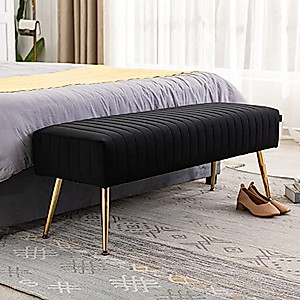 Furnimart 44 Inch Velvet Bench Ottoman Comfortable Footrest Stool Table Bench Dining Bench Tufting Bench Indoor Bench with Gold Legs for Living Room Bedroom Entryway (Velvet-Black)