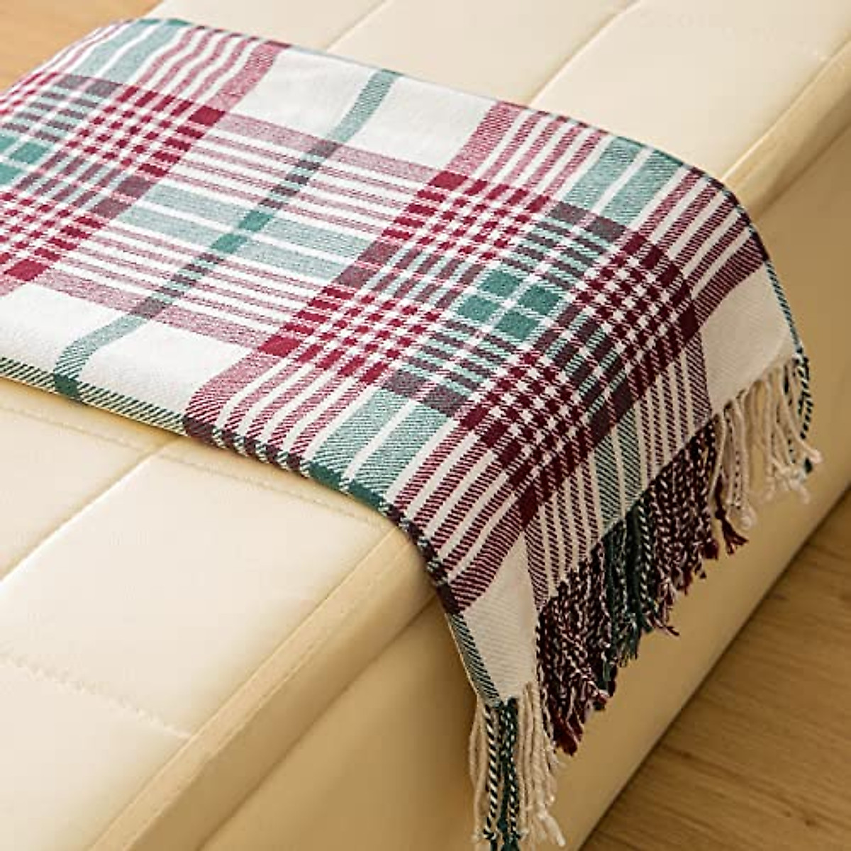 Geehouz Decorative Plaid Blanket Soft Christmas Sage Green Faux Cashmere Throw Blankets with Tassels for Halloween Farmhouse Home Decor 50" x 60" (Sage Green Plaid)