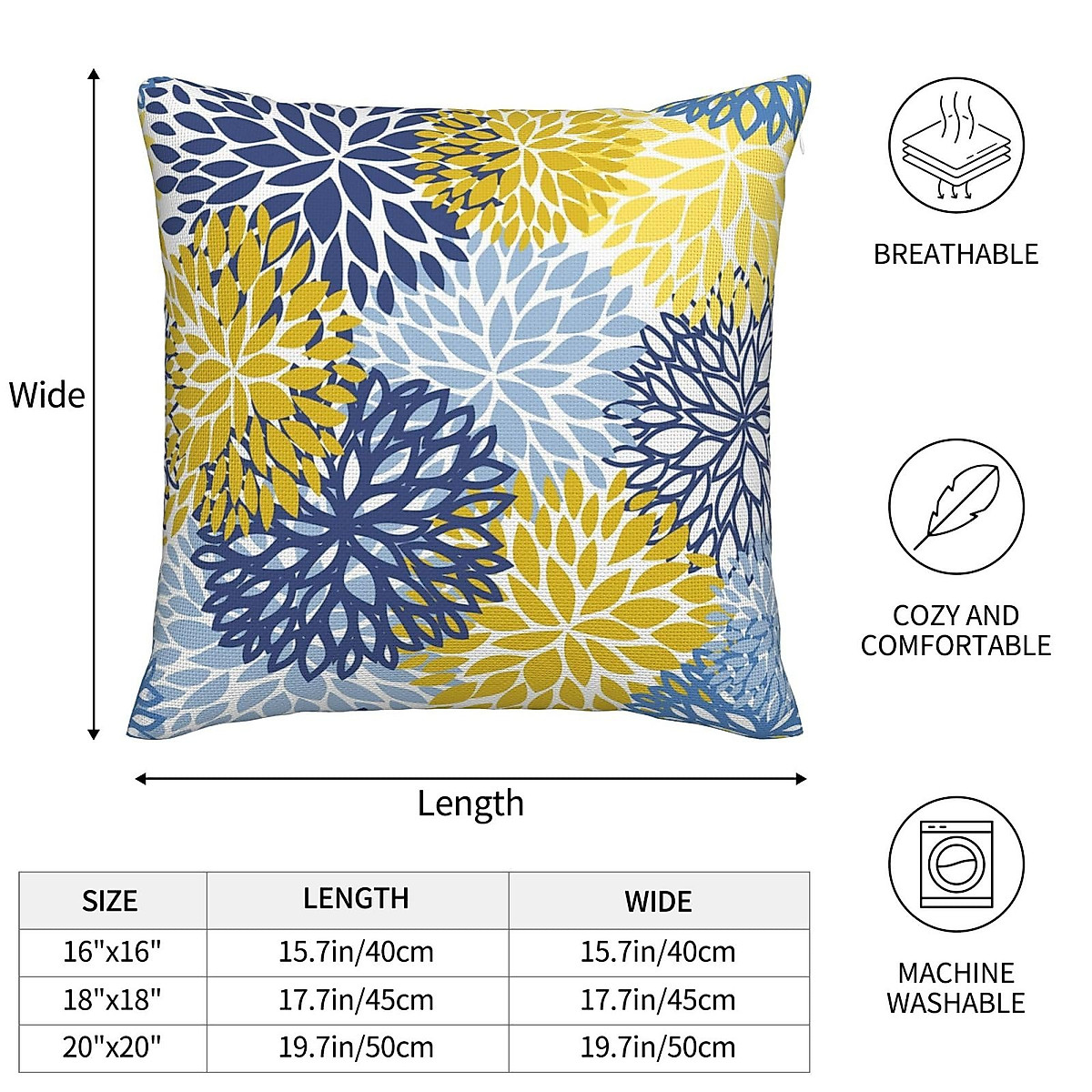 ChangQingArt Throw Pillow Cover Farmhouse Decorative Cotton Linen Pillow Cover Green Spring Flower Blue Yellow and Navy Chrysanthemum Brown Square Cushion Covers Sofa Bed Décor 16x16 inch