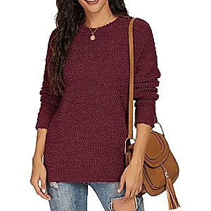 GRECERELLE Women’s Fuzzy Knitted Sweater Sherpa Fleece Side Slit Long Sleeve Loose Fit Jumper Outwears Pullover Sweater Blouse Wine Red-Mudium