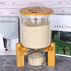 5L Glass Rice Dispenser Large Flour and Cereal Container Rice Storage Container with Airtight Lid,Wooden Stand&Measuring Cup,Clear Kitchen Food Jars Glass Food Storage Container for Organization